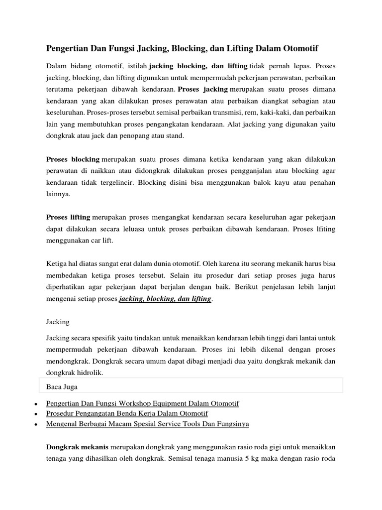 Pengertian Dan Fungsi Jacking Blocking Lifting | PDF