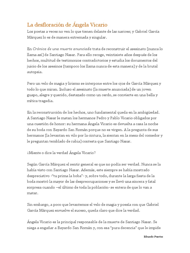 La Desfloracion de Angela Vicario Blog | PDF | Machismo