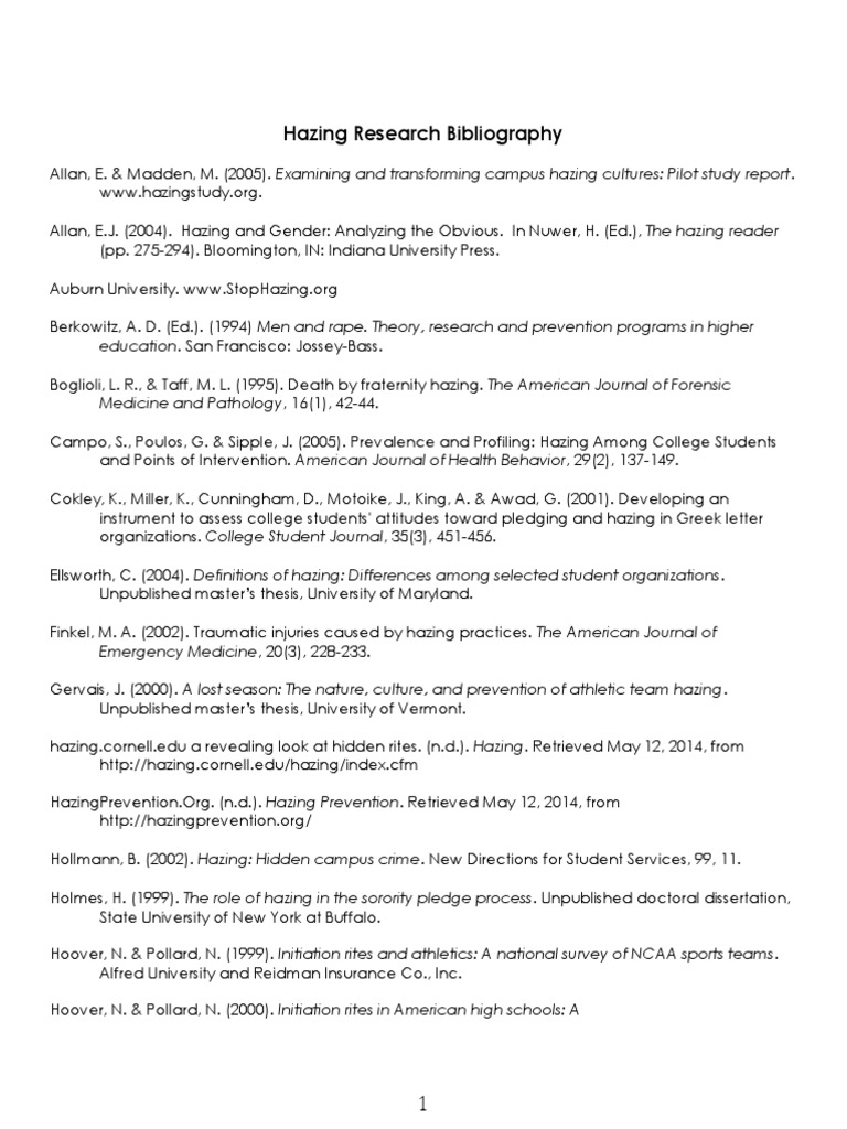Hazing Research Bibliography: Education. San Francisco: Jossey-Bass ...