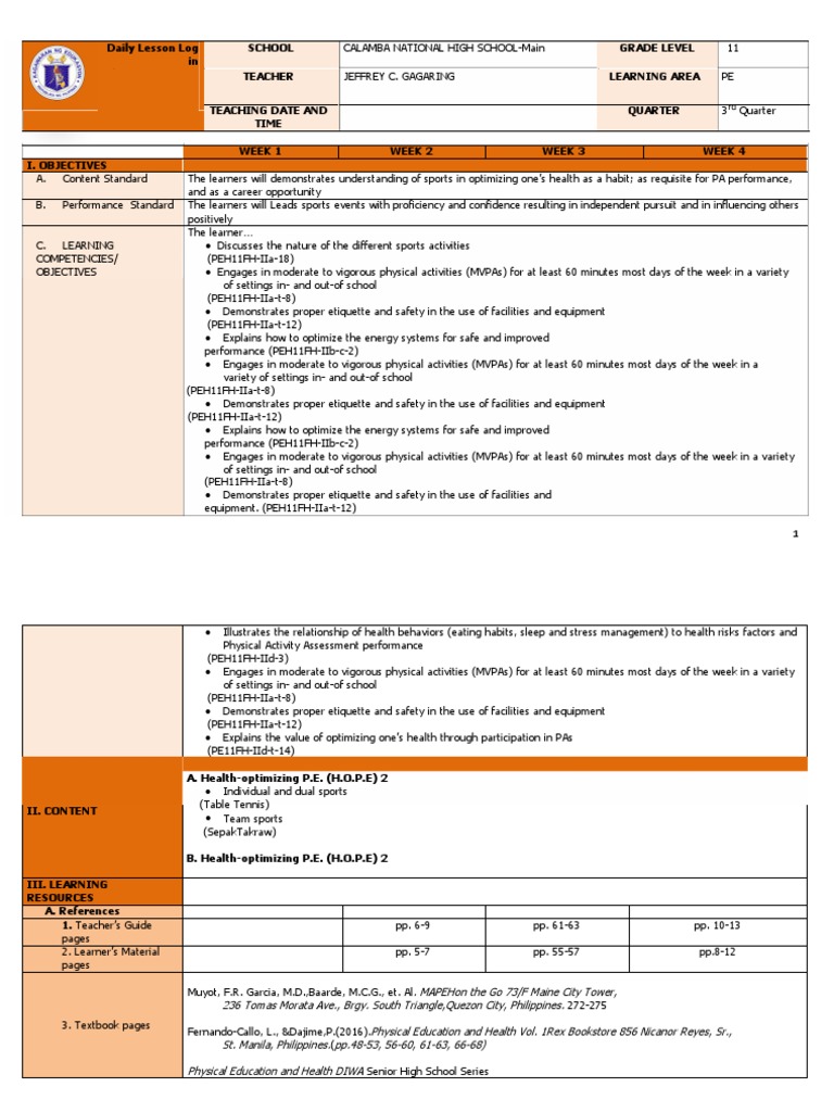 DLL Gr11 Edited | PDF | Teachers | Physical Education