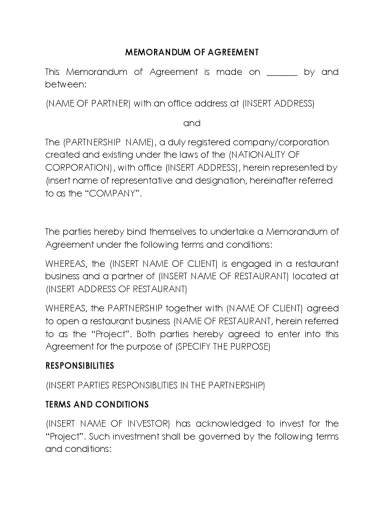 Memorandum of Agreement | PDF | Partnership | Investor