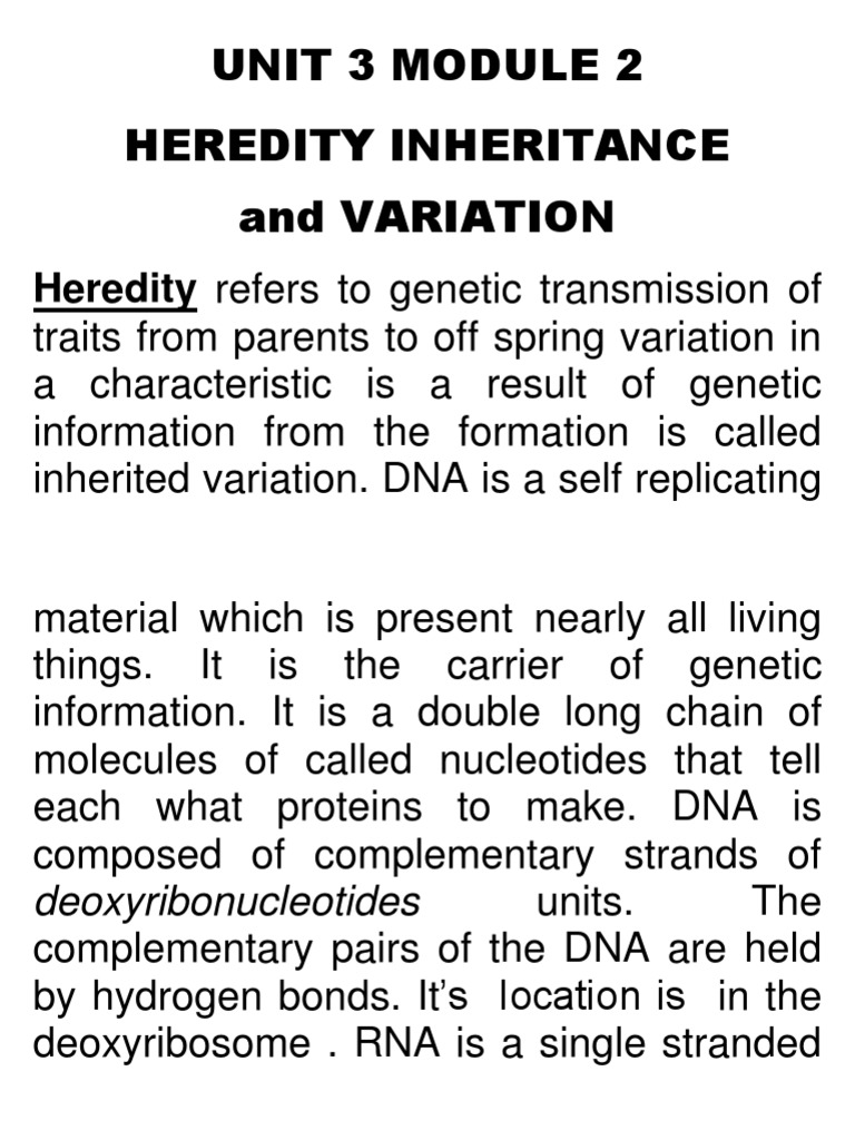 Unit 3 Module 2 Heredity Inheritance and Variation: Heredity Refers To ...