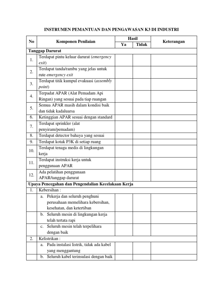 Instrumen Pengawasan Kesehatan Dan Keselamatan Kerja (K3) | PDF