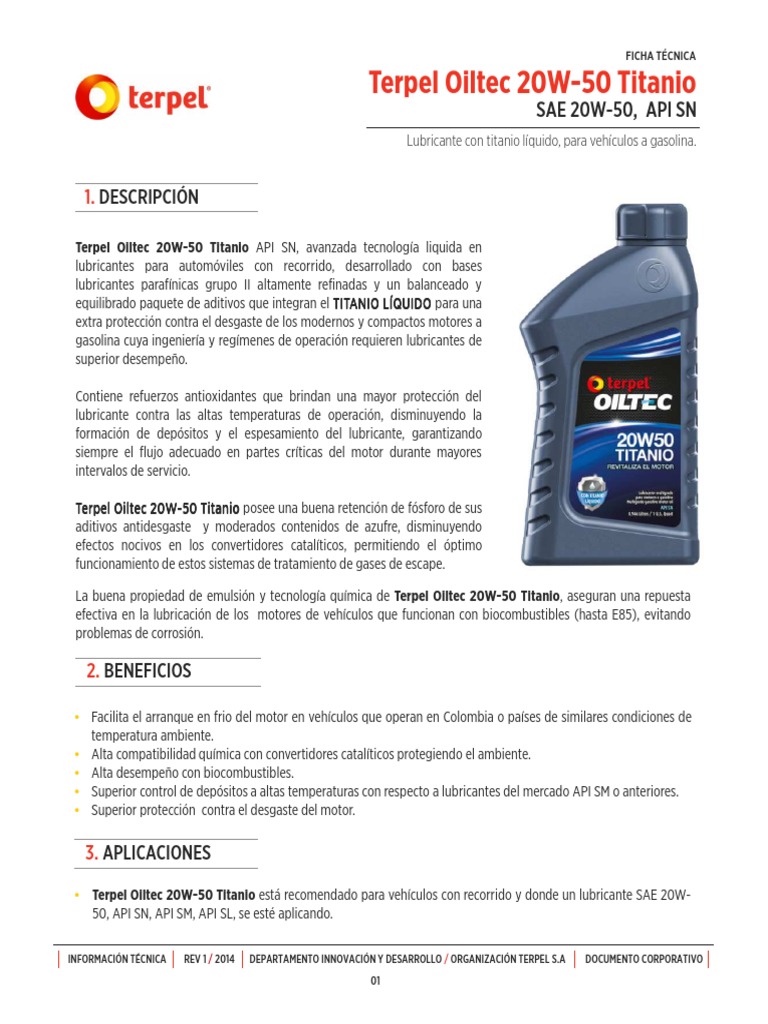 Terpel Oiltec 20W-50 Titanio | PDF | Lubricante | Titanio