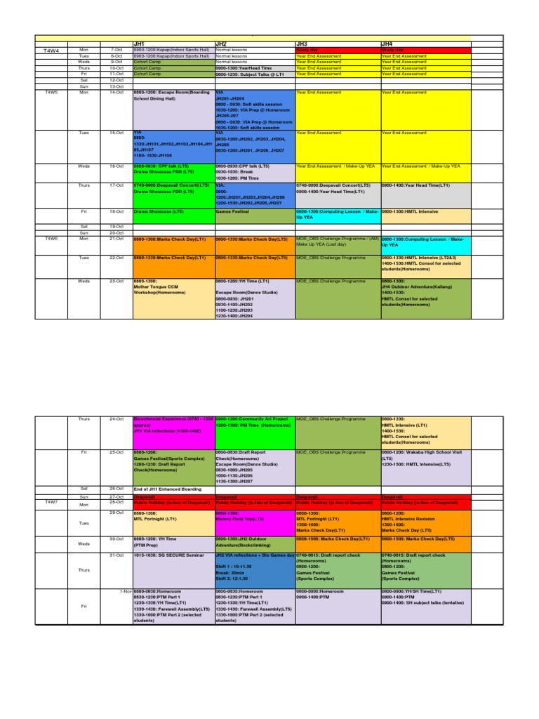 JH1 to JH4 Weekly Timetable and Schedule for Term 4 Weeks 4 to 7 - A ...