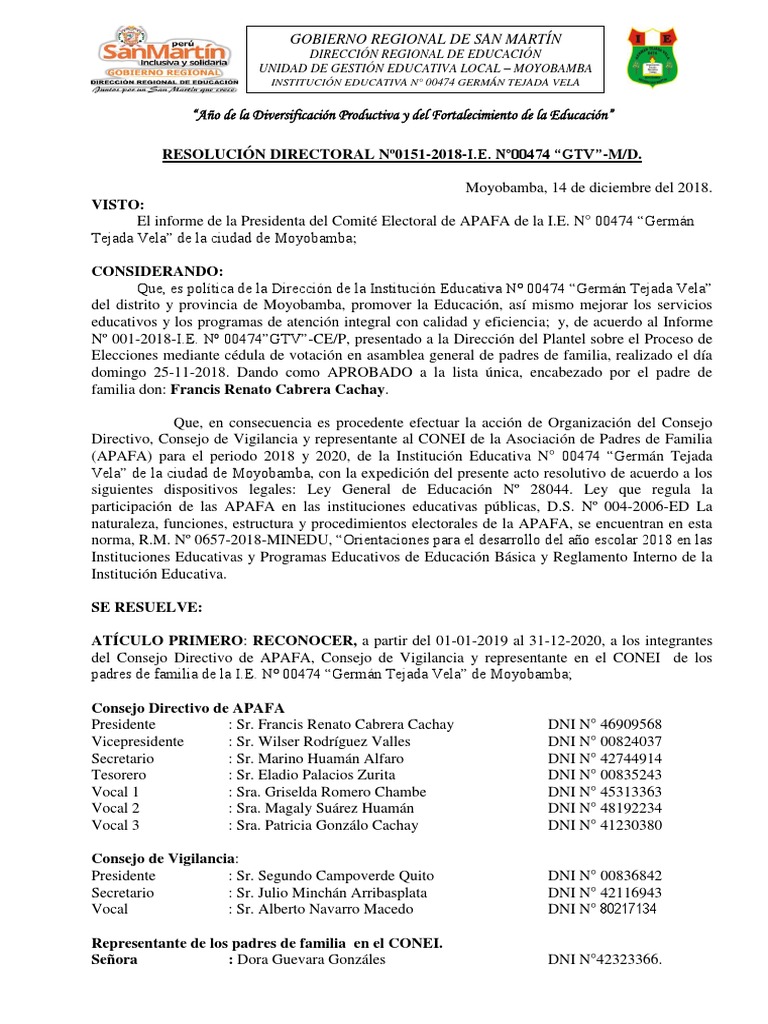 Reconocimiento del Consejo Directivo APAFA | PDF | Formas de gobierno | Gobierno