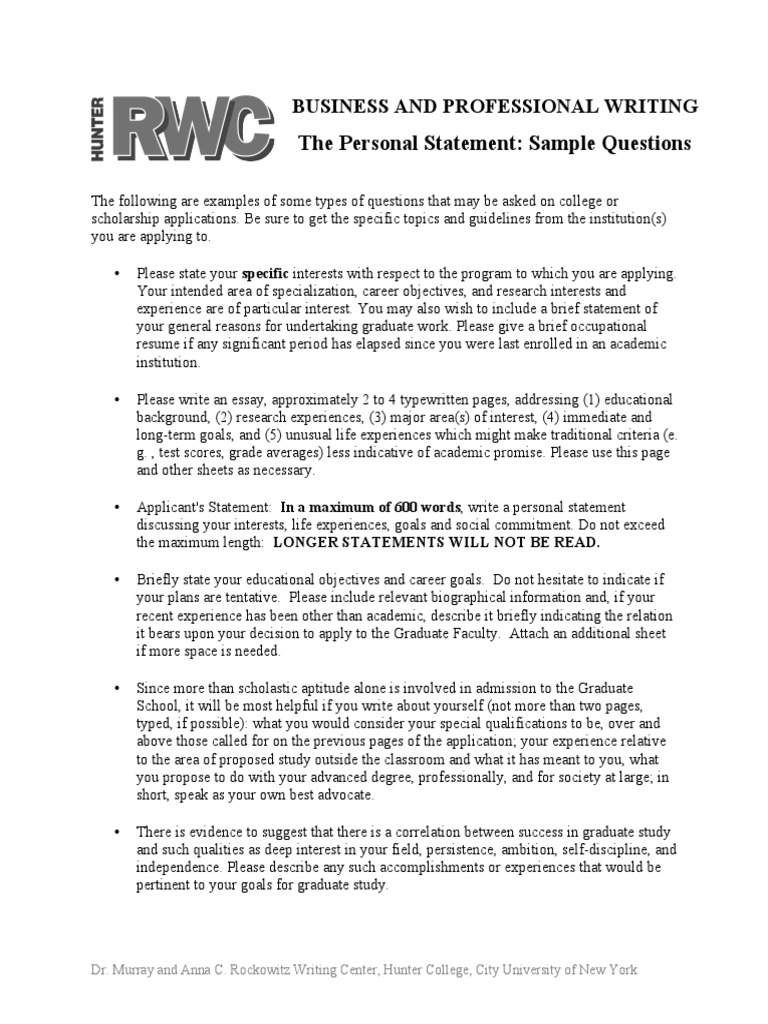 The Personal Statement Sample Questions | PDF | Postgraduate Education ...