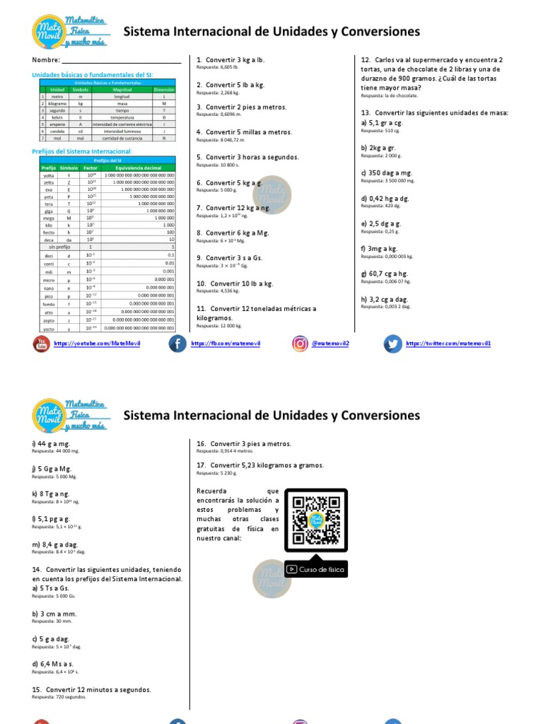 Sistema Internacional de Unidades y Conversiones - Ejercicios Propuestos PDF | PDF | Kilogramo ...