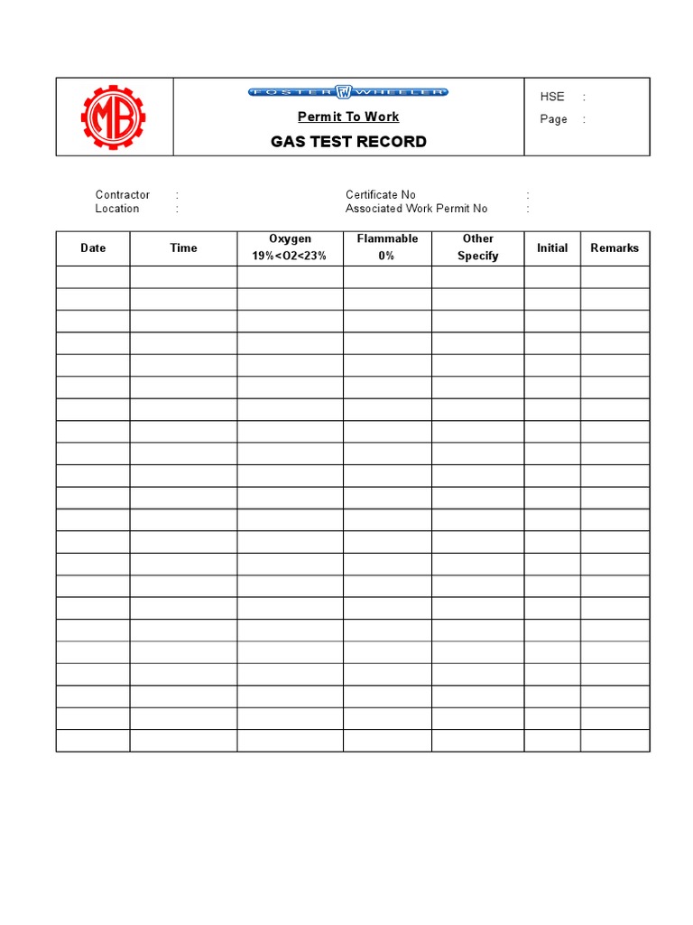 Gas Test Record: Permit To Work | PDF