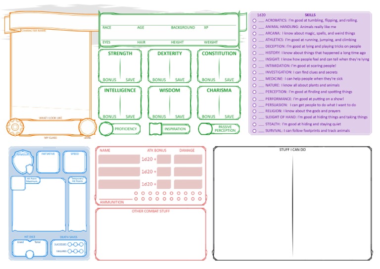 Kid Friendly Character Sheet A4 Colour | PDF