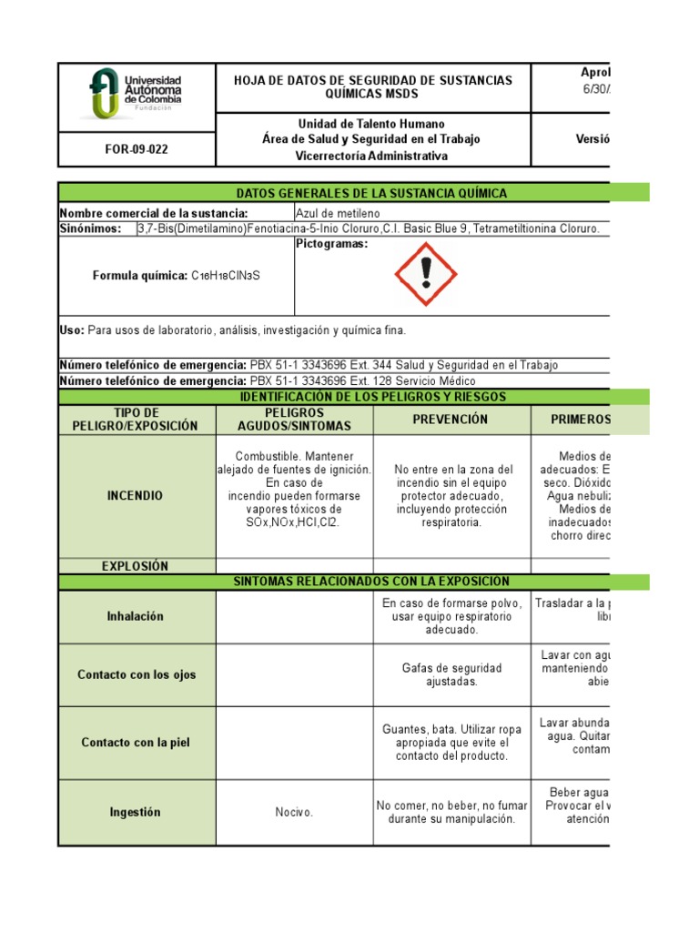 Hoja de datos de seguridad de sustancias químicas (MSDS) para Azul de ...