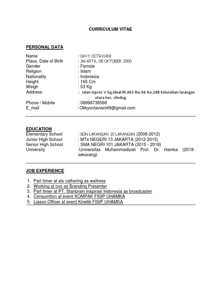 Curriculum Vitae: Okky Octaviani Jakarta, 08 Oktober 2000 | PDF