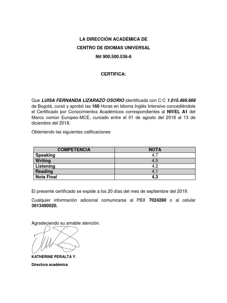 Certificado Homologacion-Luisa Fernanda Lizarazo Osorio | PDF