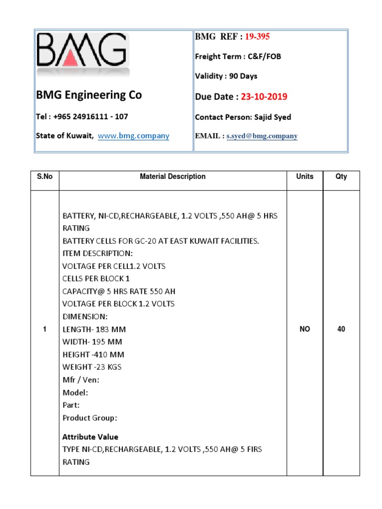 BMG Engineering Co: BMG Ref: Freight Term: C&F/FOB Validity: 90 Days ...