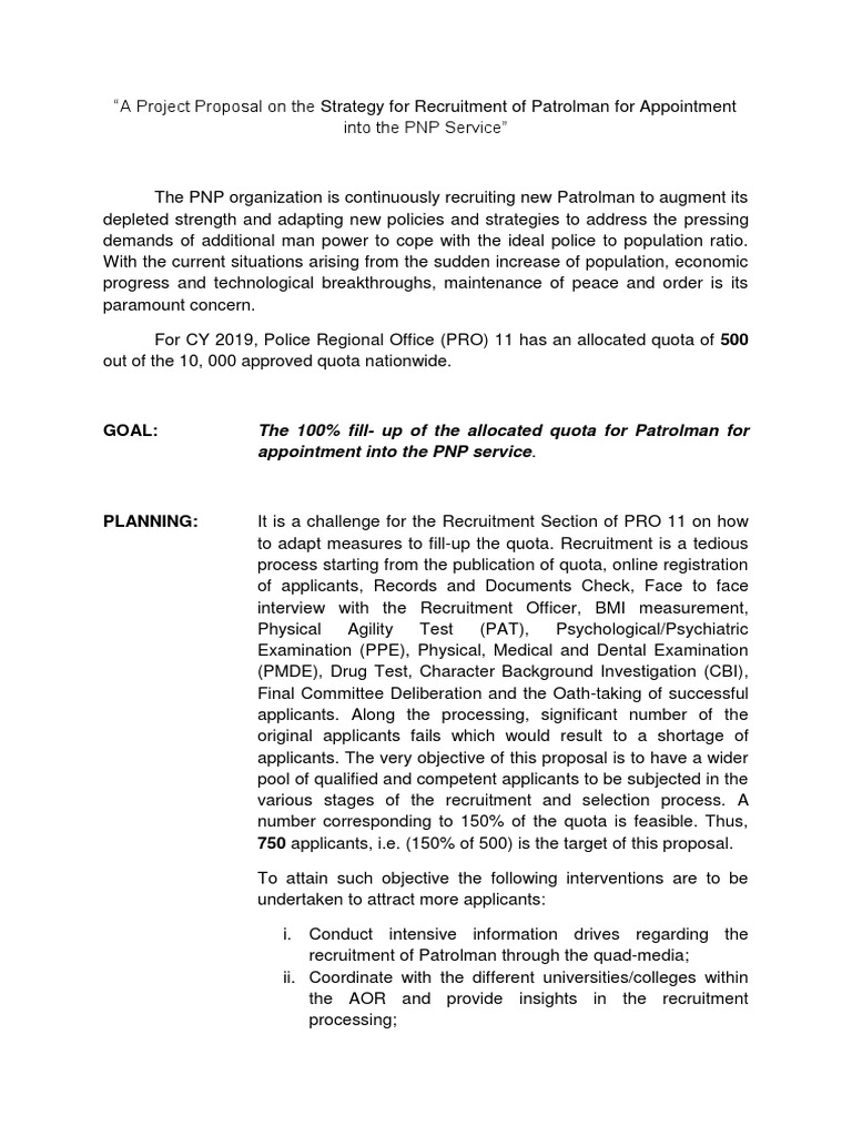 A Project Proposal On The Recruitment of Patrolman | PDF | Recruitment ...