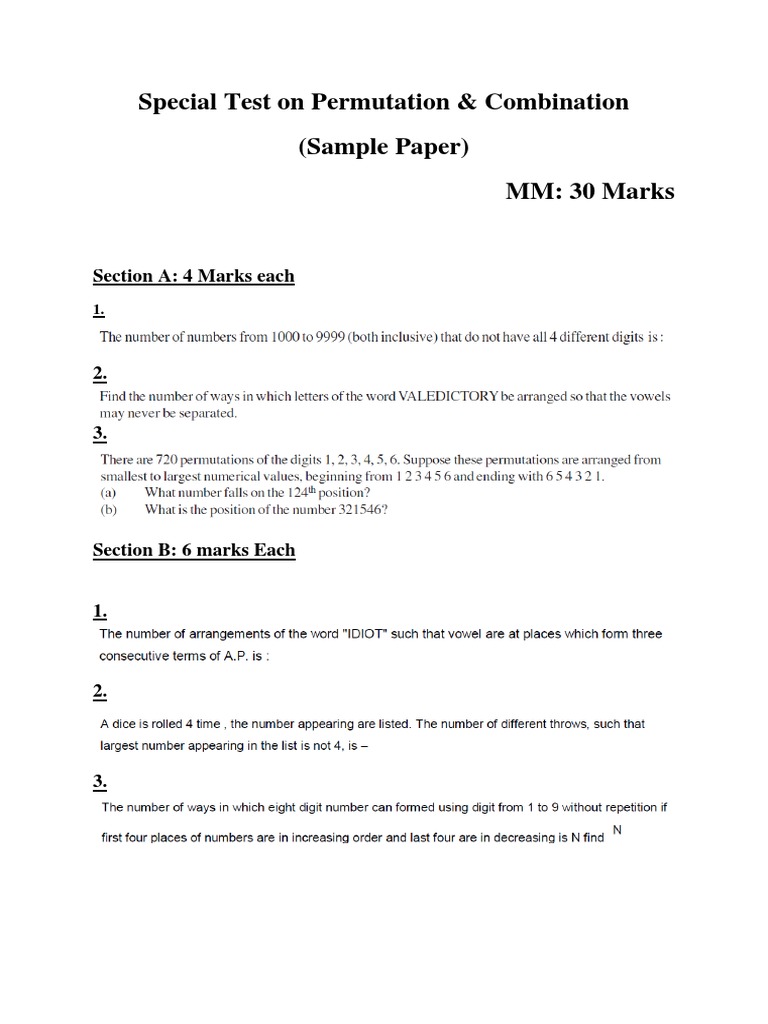 Special Test On Permutation (Sample Paper) | PDF