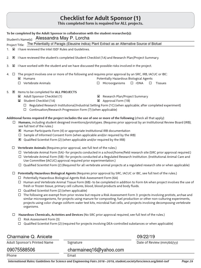 Checklist For Adult Sponsor (1) : Alessandra May P. Lorcha | PDF ...