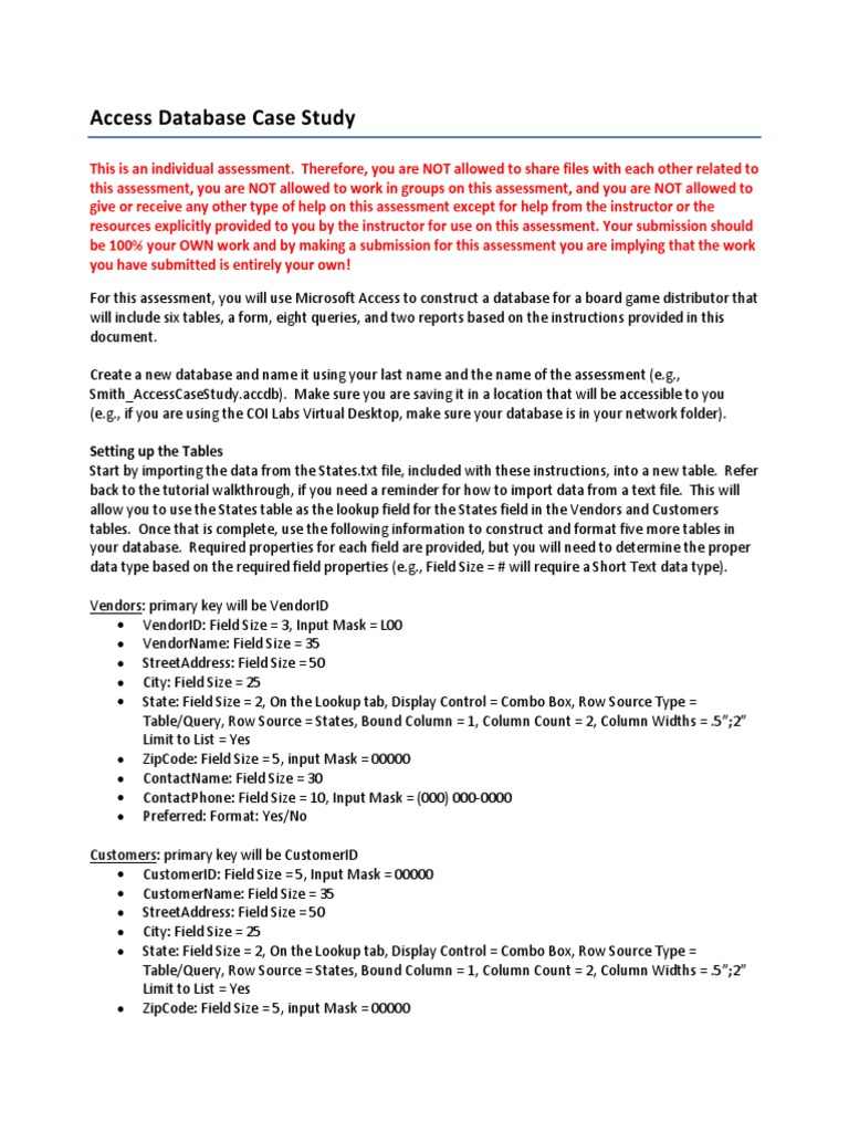 Access Database Case Study Instructions | PDF | Table (Database ...