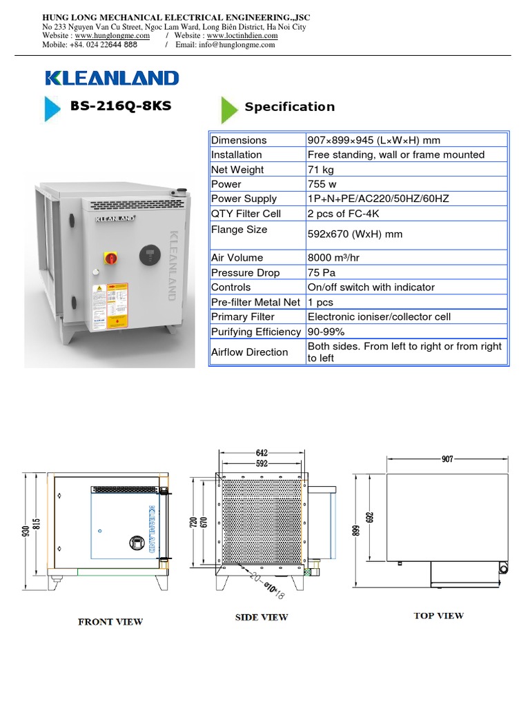BS-216Q-8KS Air Purifier Specifications from Hung Long Mechanical ...