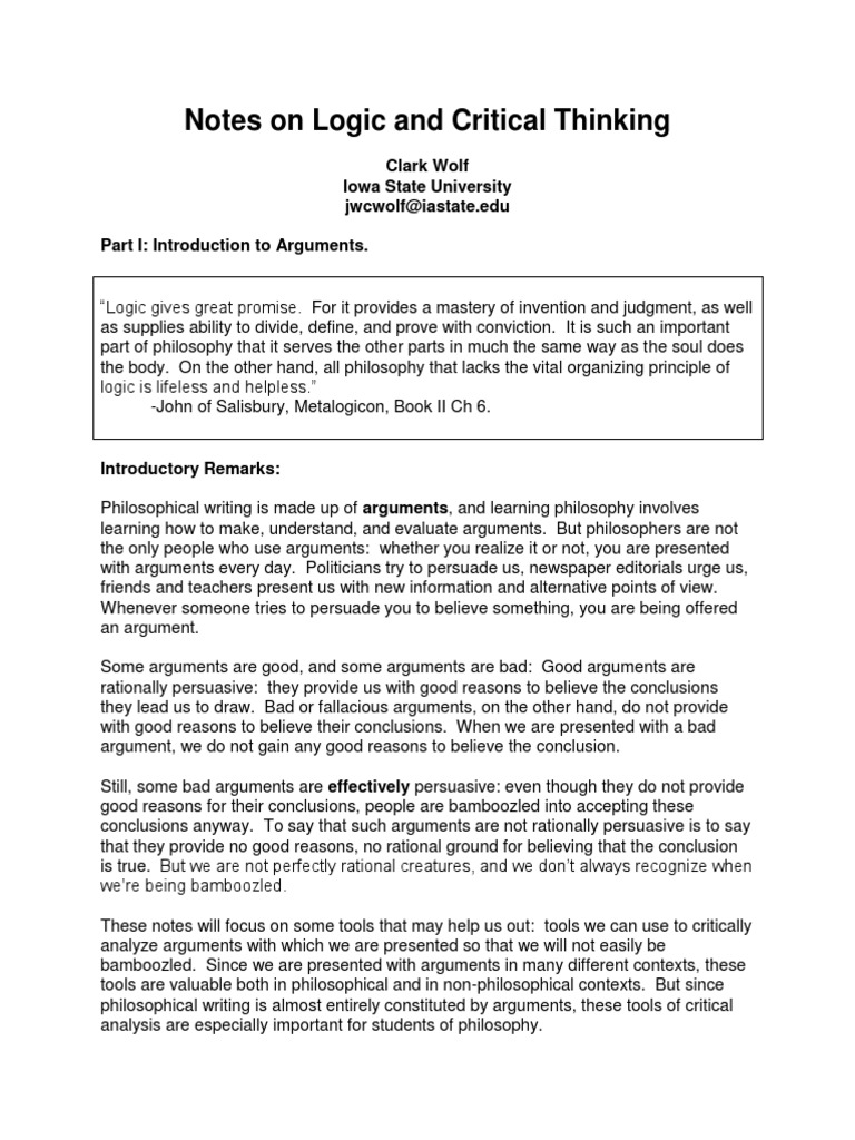 Notes On Logic and Critical Thinking | PDF | Argument | Reason