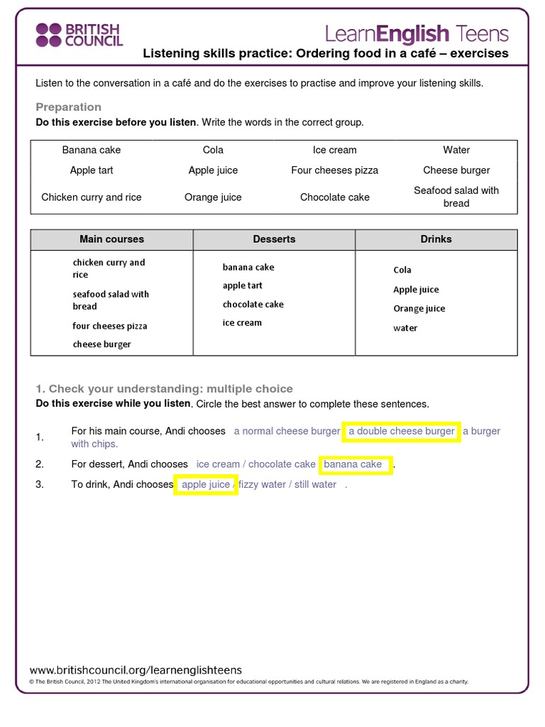 L Istening Skills Practice: Ordering Food in A Café - Exercises | PDF