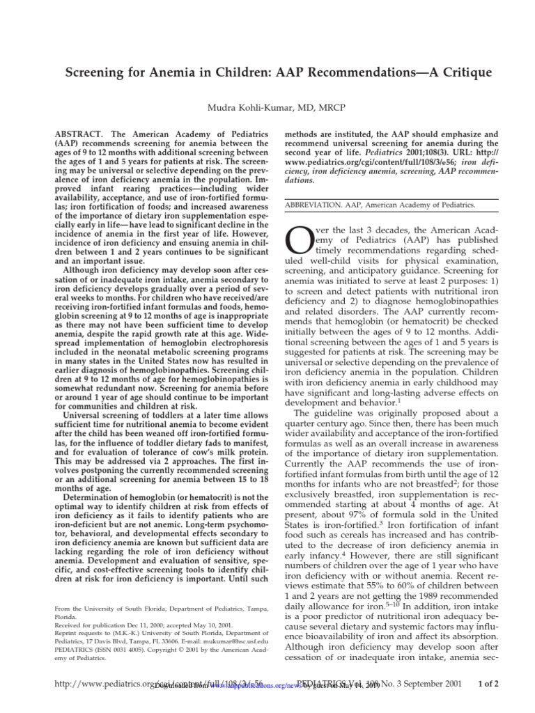 Screening For Anemia in Children: AAP Recommendations-A Critique | PDF ...