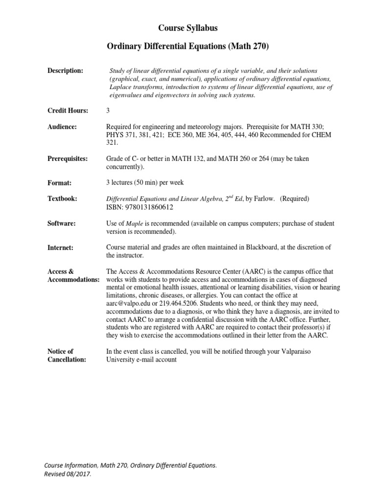 MATH 270 Master Syllabus | PDF | Ordinary Differential Equation ...