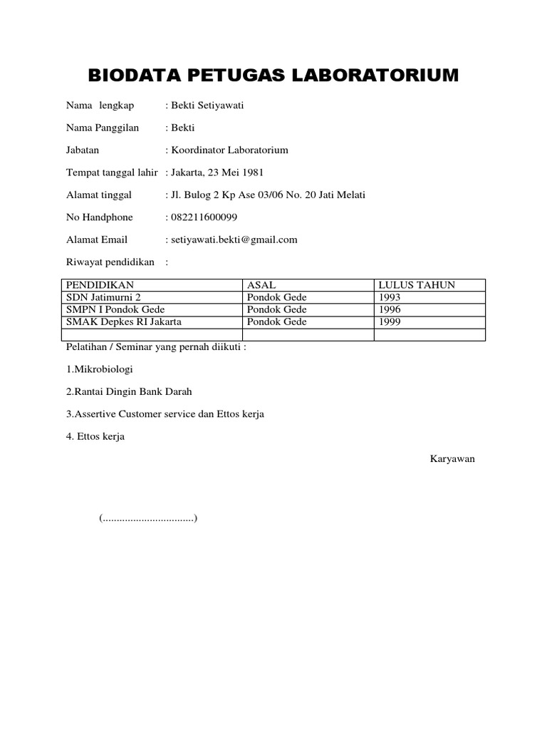 Biodata Petugas Laboratorium | PDF