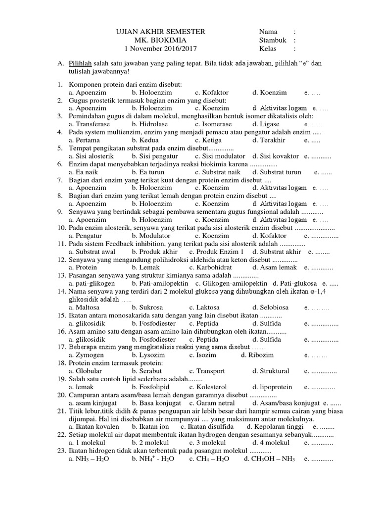 Soal Pilihan A Ujian UAS Biokimia | PDF