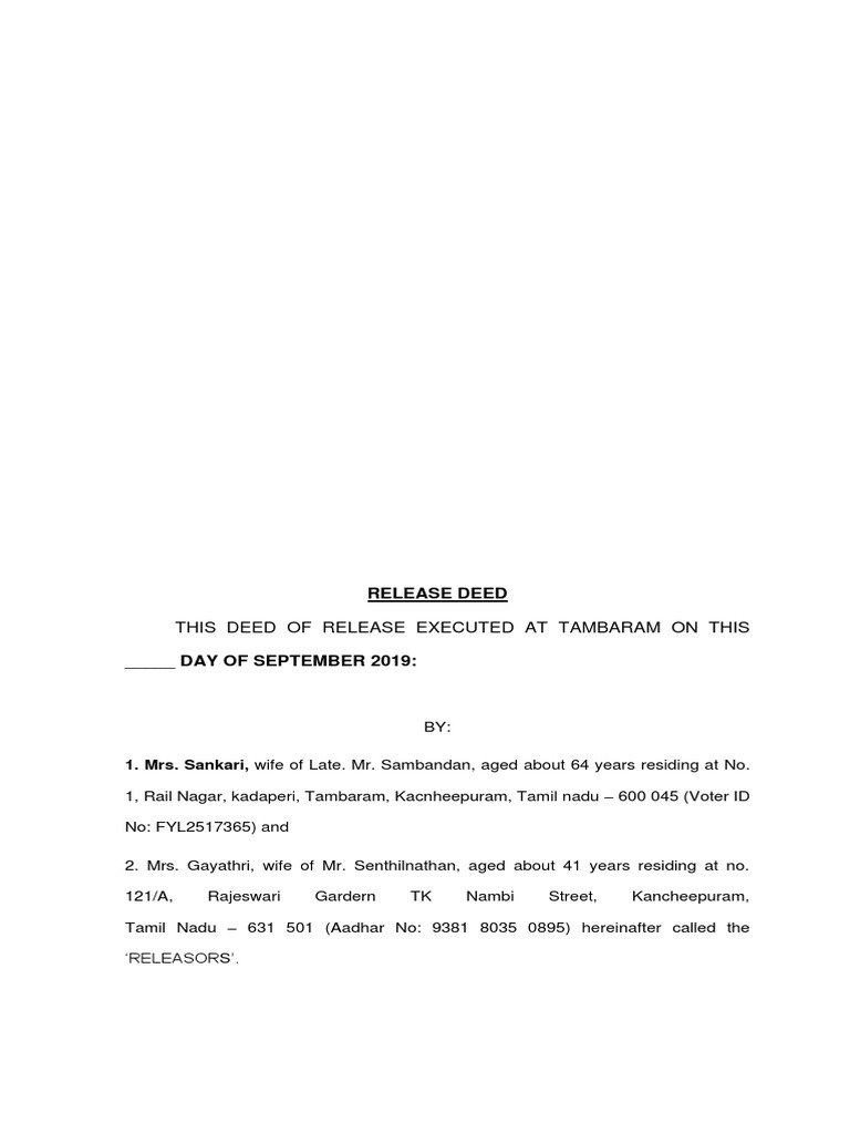 Release Deed For Sambamdam | PDF | Deed | Property