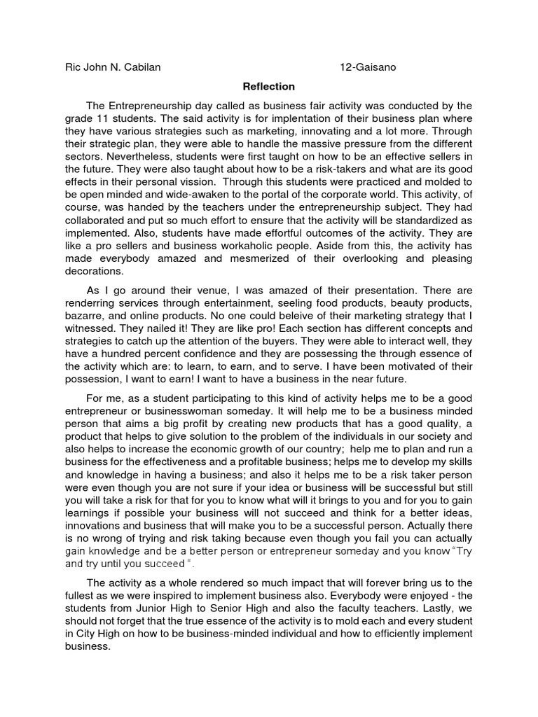 Reflection in Business Finance. | PDF | Entrepreneurship | Learning