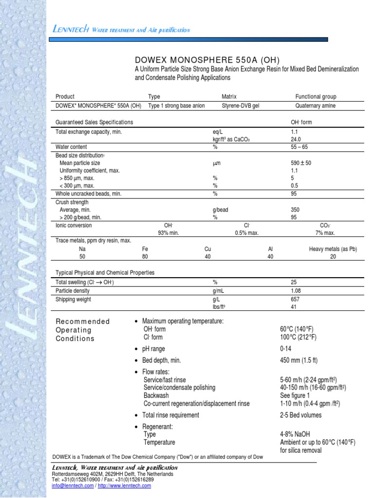 Dowex Monosphere 550a (Oh) | PDF | Water Purification | Litre