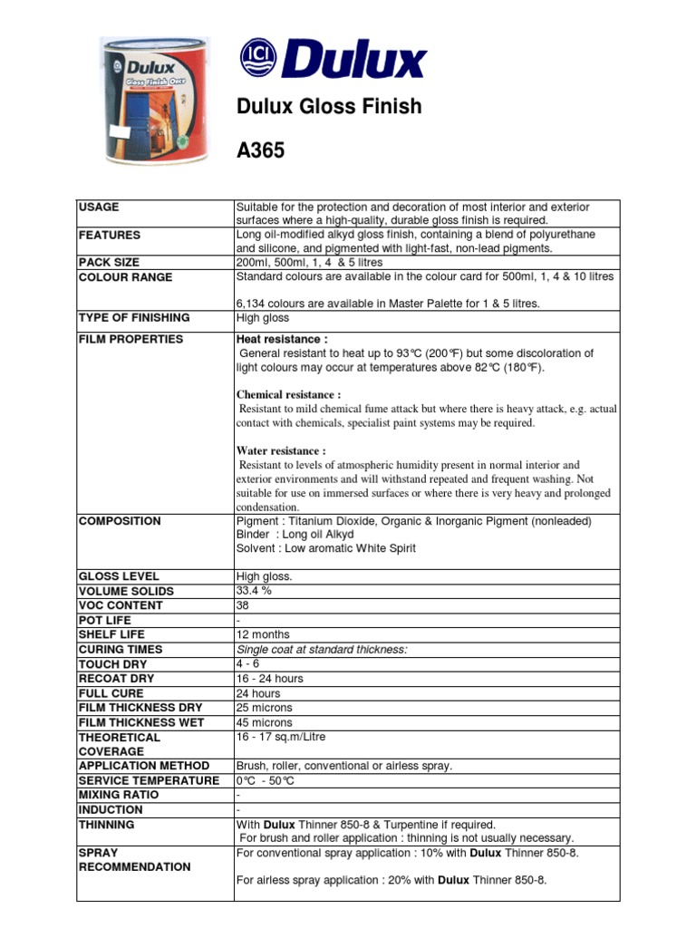 Dulux Gloss Finish A365 | Download Free PDF | Materials | Chemistry