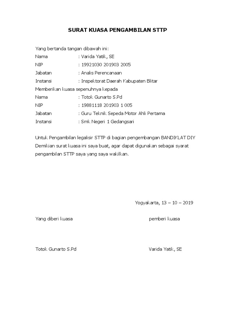 Surat Kuasa Pengambilan STTP Varida | PDF