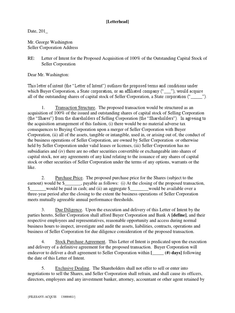 Letter of Intent for Stock Acquisition | PDF | Stocks | Mergers And ...