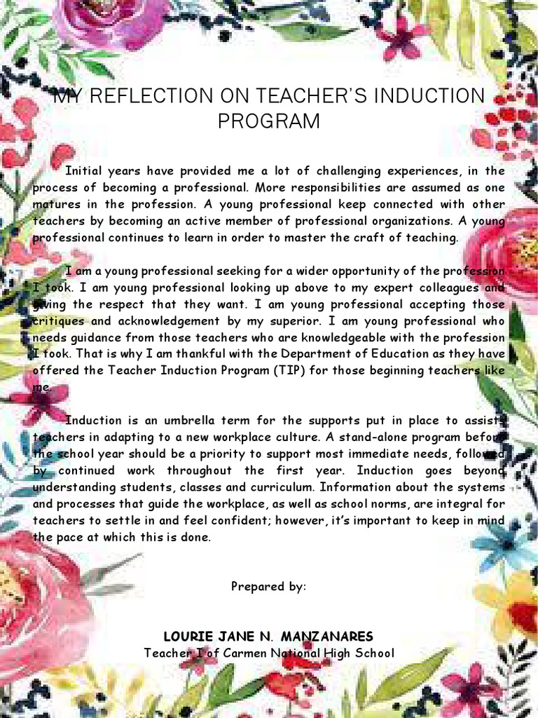 My Reflection On Teacher'S Induction Program: Lourie Jane N. Manzanares ...