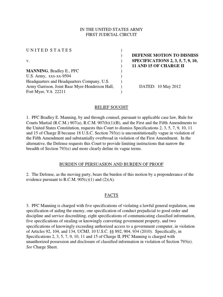 MANNING, Bradley E., PFC: See Charge Sheet | PDF | Vagueness Doctrine | First Amendment To The ...