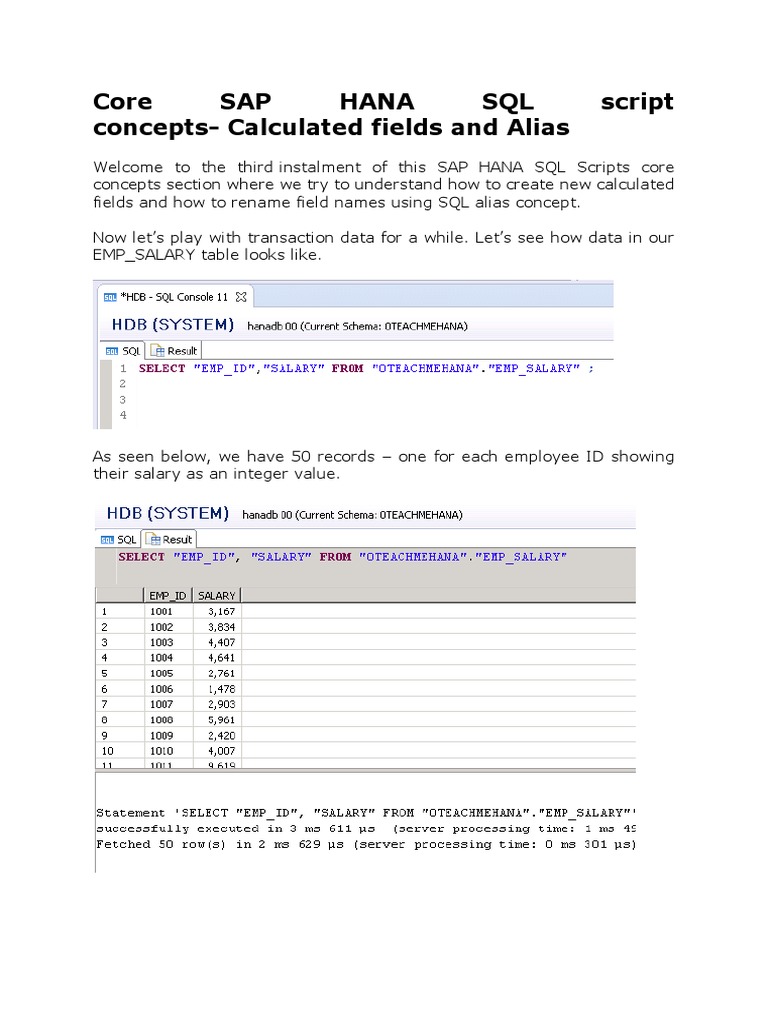 SAP HANA SQL Script core concepts- Calculated fields and Alias | PDF ...