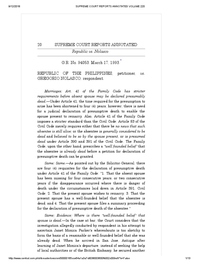 Republic Vs Nolasco / ESCRA | PDF | Marriage | Judgment (Law)