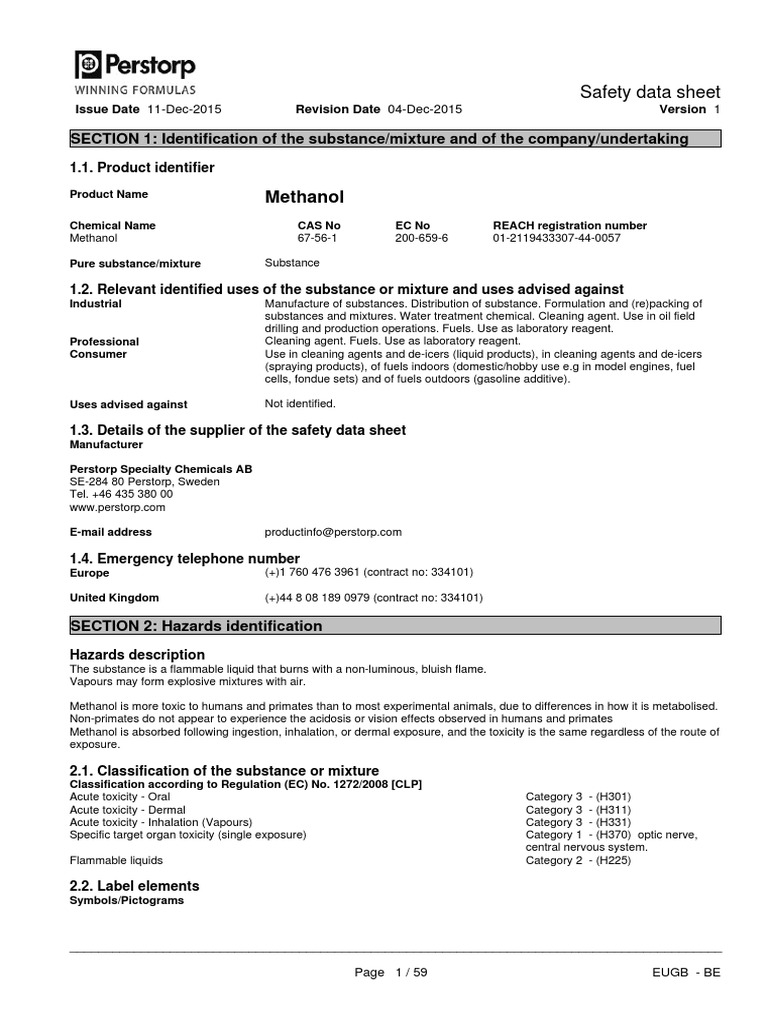 MSDS Methanol Eng-1276 PDF | PDF | Toxicity | Dangerous Goods