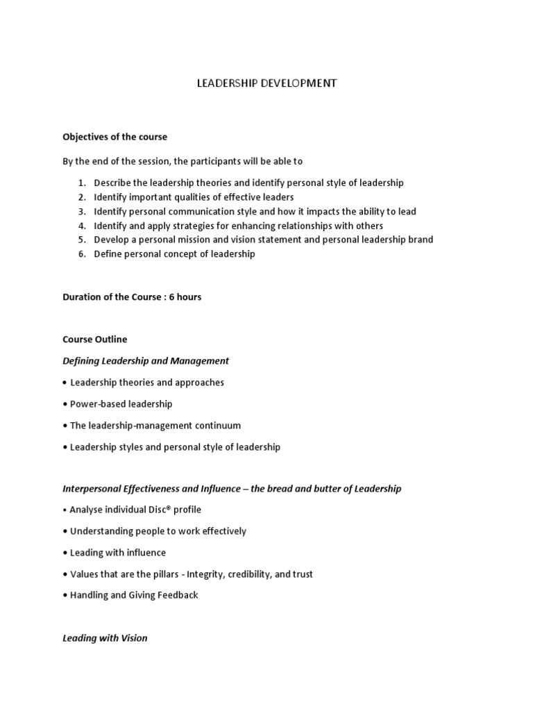 Leadership Development: Objectives of The Course | PDF | Career & Growth
