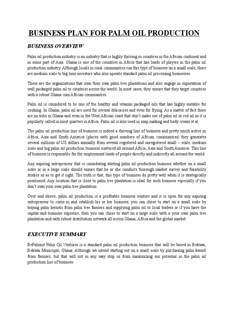Business Plan For Palm Oil Production | PDF | Palm Oil | Retail