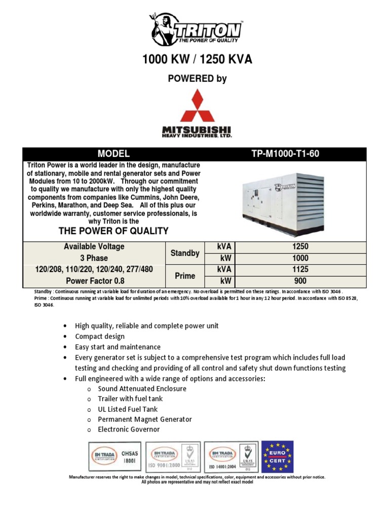 1000 KW Mitsubishi Diesel Generator Set - Non EPA - TP-M1000-T1-60 PDF ...