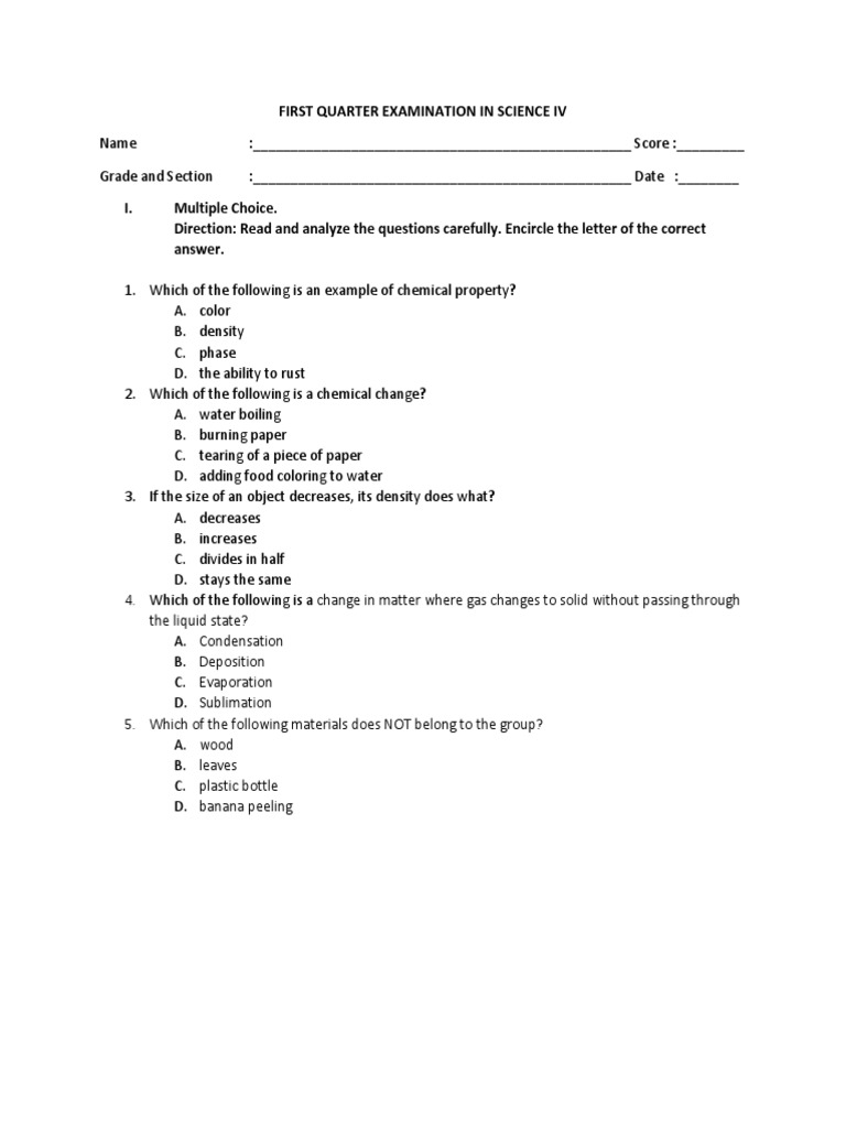 Grade 4 (Science) Sample Unit Test | PDF | Essays | Multiple Choice
