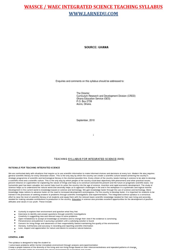 Wassce Waec Integrated Science Teaching Syllabus PDF | PDF ...