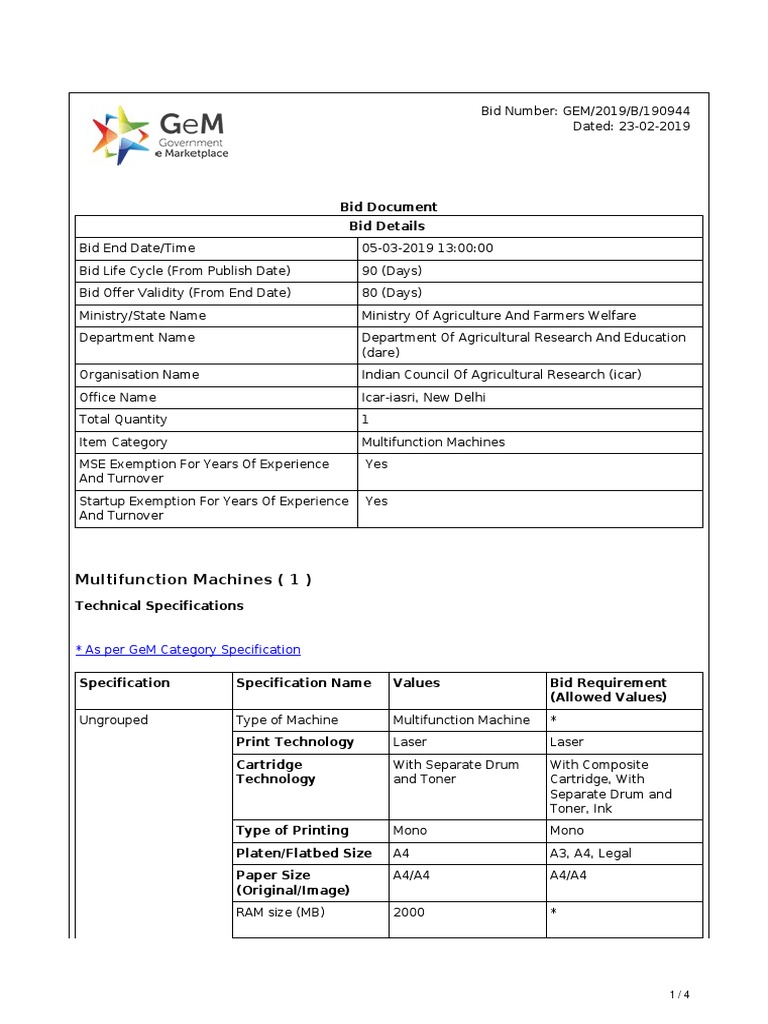 Bid Document Bid Details: Multifunction Machines (1) | PDF | Office ...