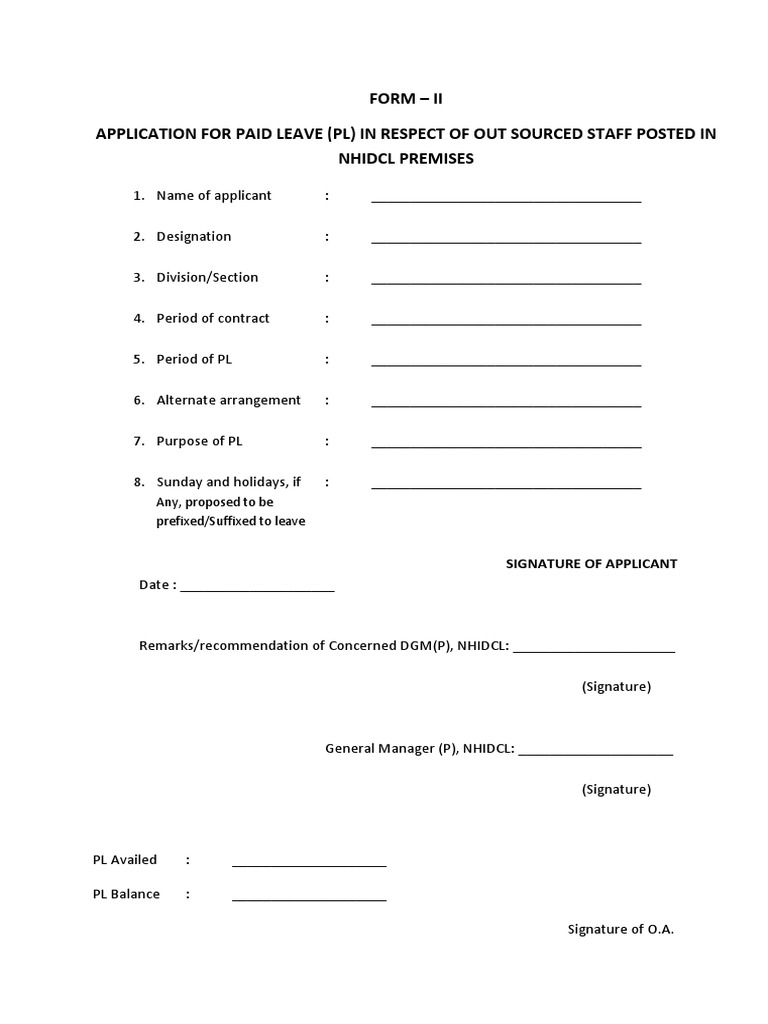Form - Ii Application For Paid Leave (PL) in Respect of Out Sourced ...