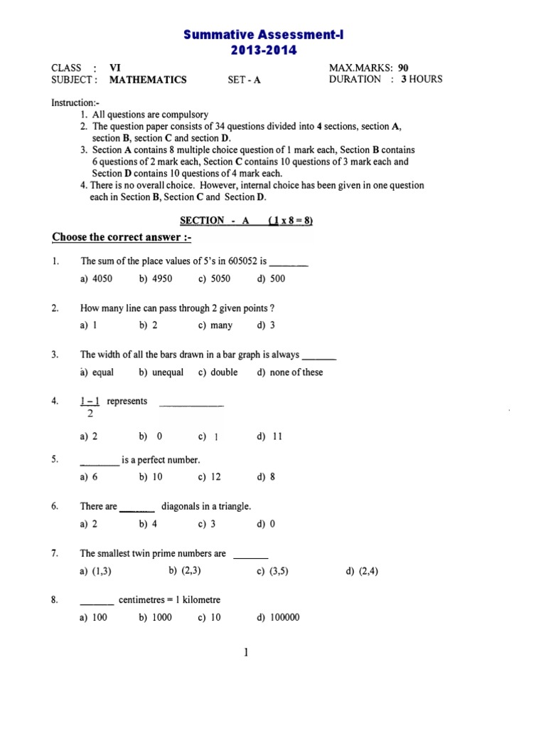 Cbse Question Paper For Class 6 Maths Set 1 | PDF | Elementary ...