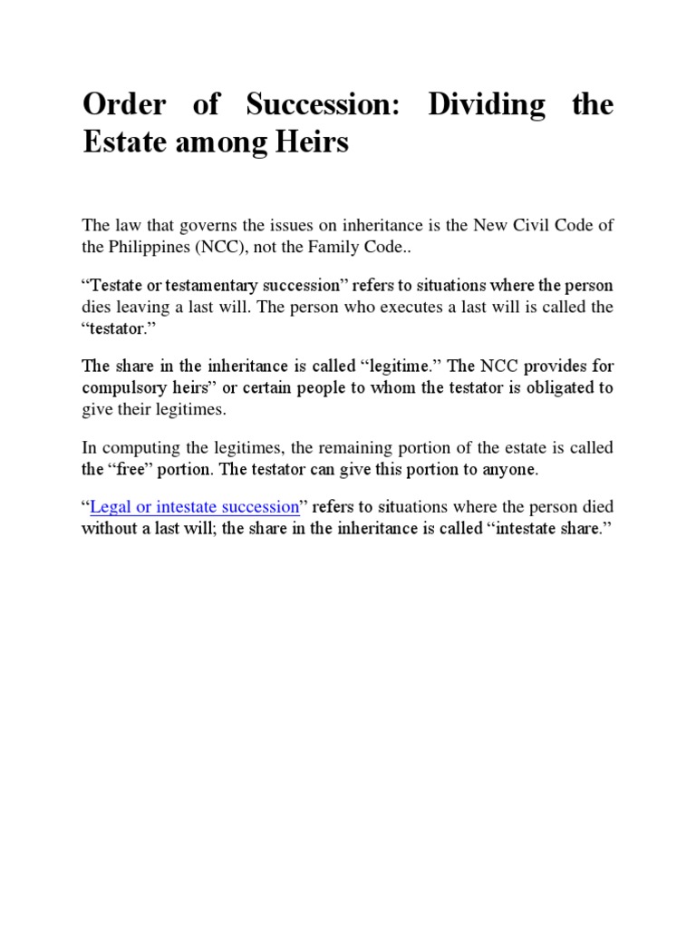 Order of Succession: Dividing The Estate Among Heirs: Legal or ...