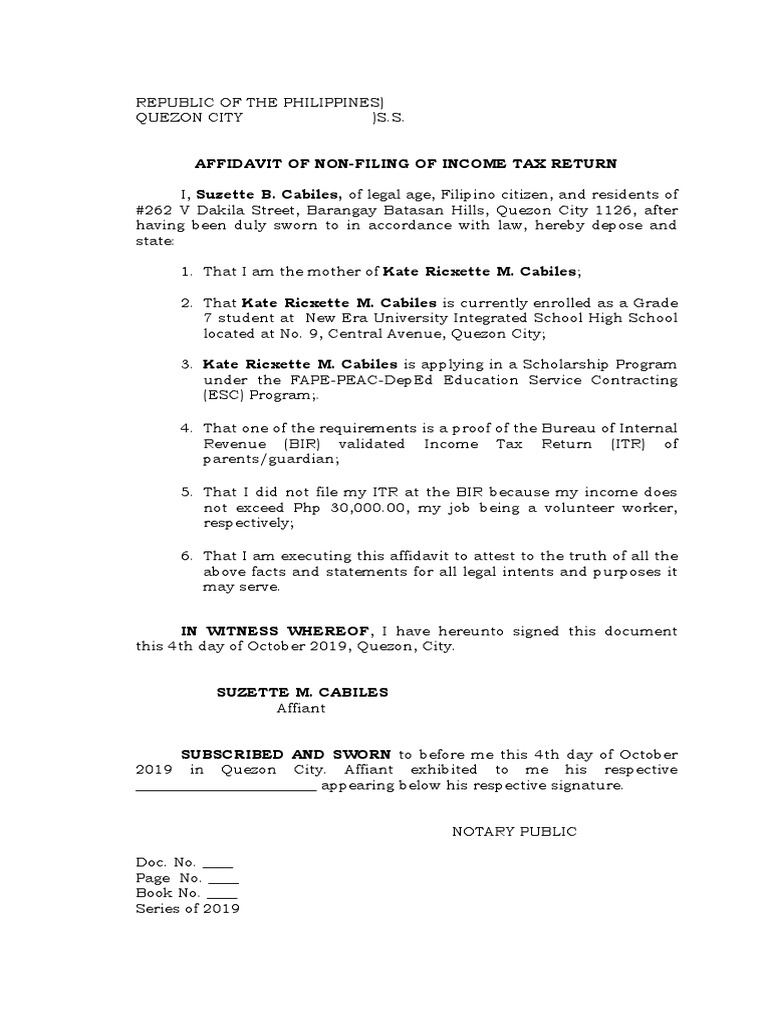 Affidavit of Non-Filing of Income Tax Return | PDF